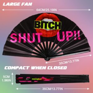 TAYUQEE Folding Hand Fan for Women - UV Glow Rave Hand Fan Large Bamboo Hand Held Chinese Fan with Velvet Bag for Rave Party, Music Festival, EDM, Drag Queen, Burlesque, Decoration, etc.