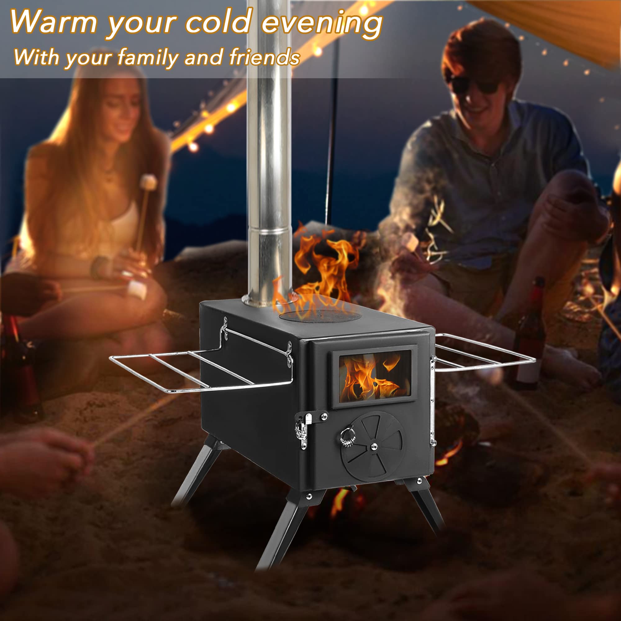 UNDUSLUY Outdoor Portable Wood Burning Stove, Heating Burner Stove for Tent,Camping, Ice-fishing, Cookout, Hiking, Travel, Includes Pipe Tent Stove+Tent Stove Jack