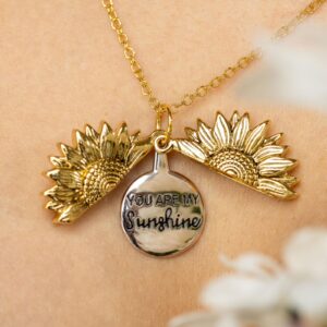 Bee Kind The Original You Are My Sunshine Sunflower Necklace for Girls - A Sunflower Locket Necklace Made With Stainless Steel and 18K Gold Plating comes with Personalized Gift with Box for Women