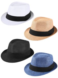 4 pieces straw hats for men women summer panama short brim hat with black band (retro style)