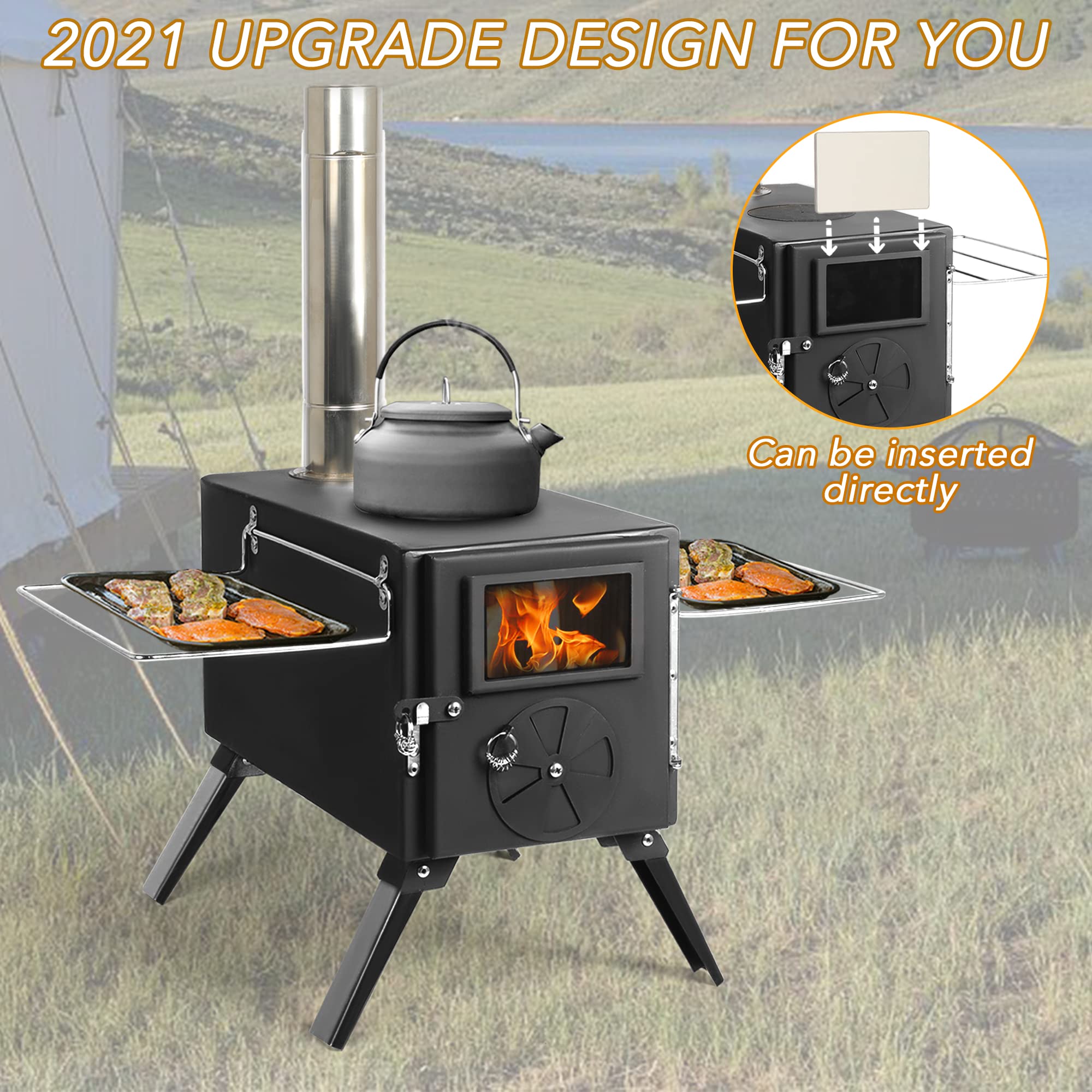 UNDUSLUY Outdoor Portable Wood Burning Stove, Heating Burner Stove for Tent,Camping, Ice-fishing, Cookout, Hiking, Travel, Includes Pipe Tent Stove+Tent Stove Jack