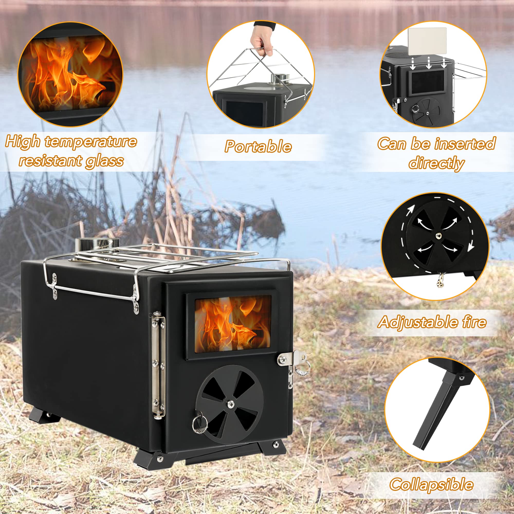 UNDUSLUY Outdoor Portable Wood Burning Stove, Heating Burner Stove for Tent,Camping, Ice-fishing, Cookout, Hiking, Travel, Includes Pipe Tent Stove+Tent Stove Jack