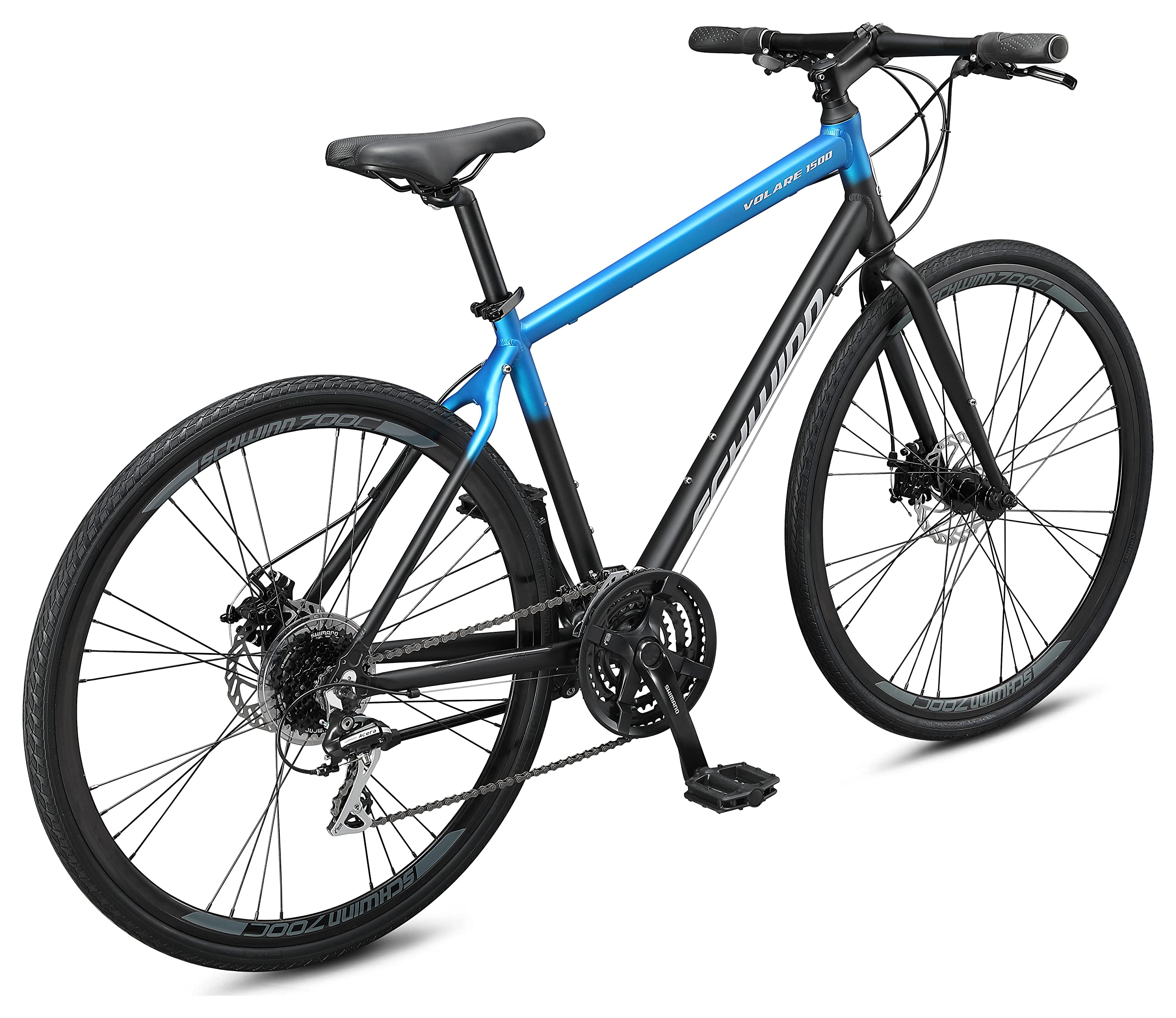 Schwinn Volare 1500 Flat Bar Hybrid Sports Road Bike, Men and Women, 24-Speed, 700c Wheels, 20-Inch Aluminum Frame, Mechanical Disc Brakes, Blue/Black