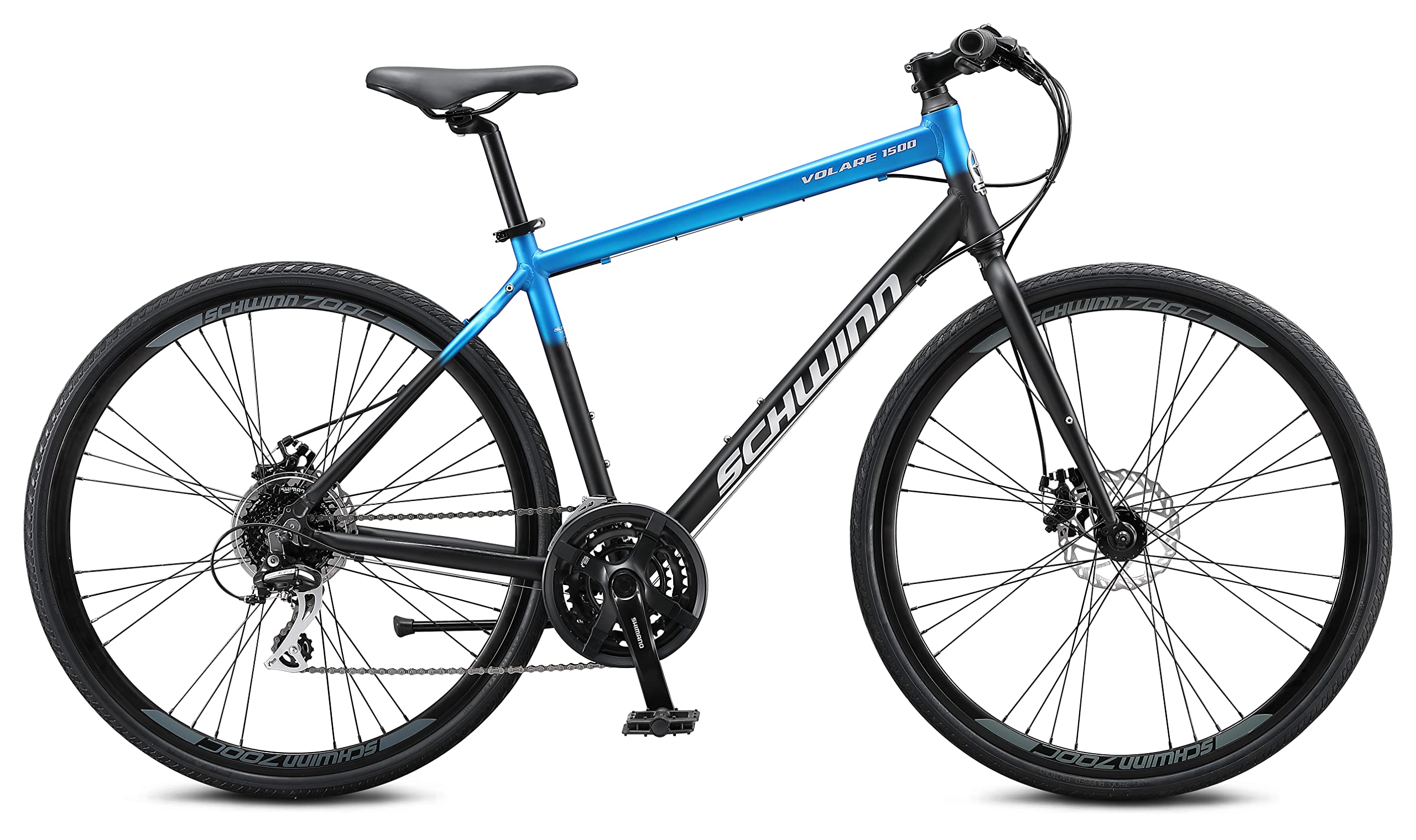 Schwinn Volare 1500 Flat Bar Hybrid Sports Road Bike, Men and Women, 24-Speed, 700c Wheels, 20-Inch Aluminum Frame, Mechanical Disc Brakes, Blue/Black