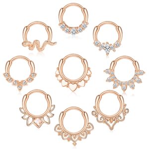 ubjuliwa 9pcs septum jewelry 16g daith earrings hinged hoop nose rings 316l stainless steel septum clicker cz rings for women rose gold cartilage helix tragus rook hoop daith earrings 8mm style b