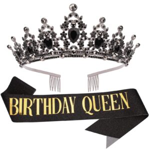 birthday queen sash and tiara for women crystal tiara and satin kit for girl rhinestones crown with comb glitter hair accessories for prom party decoration cake topper accessory set with pin (black