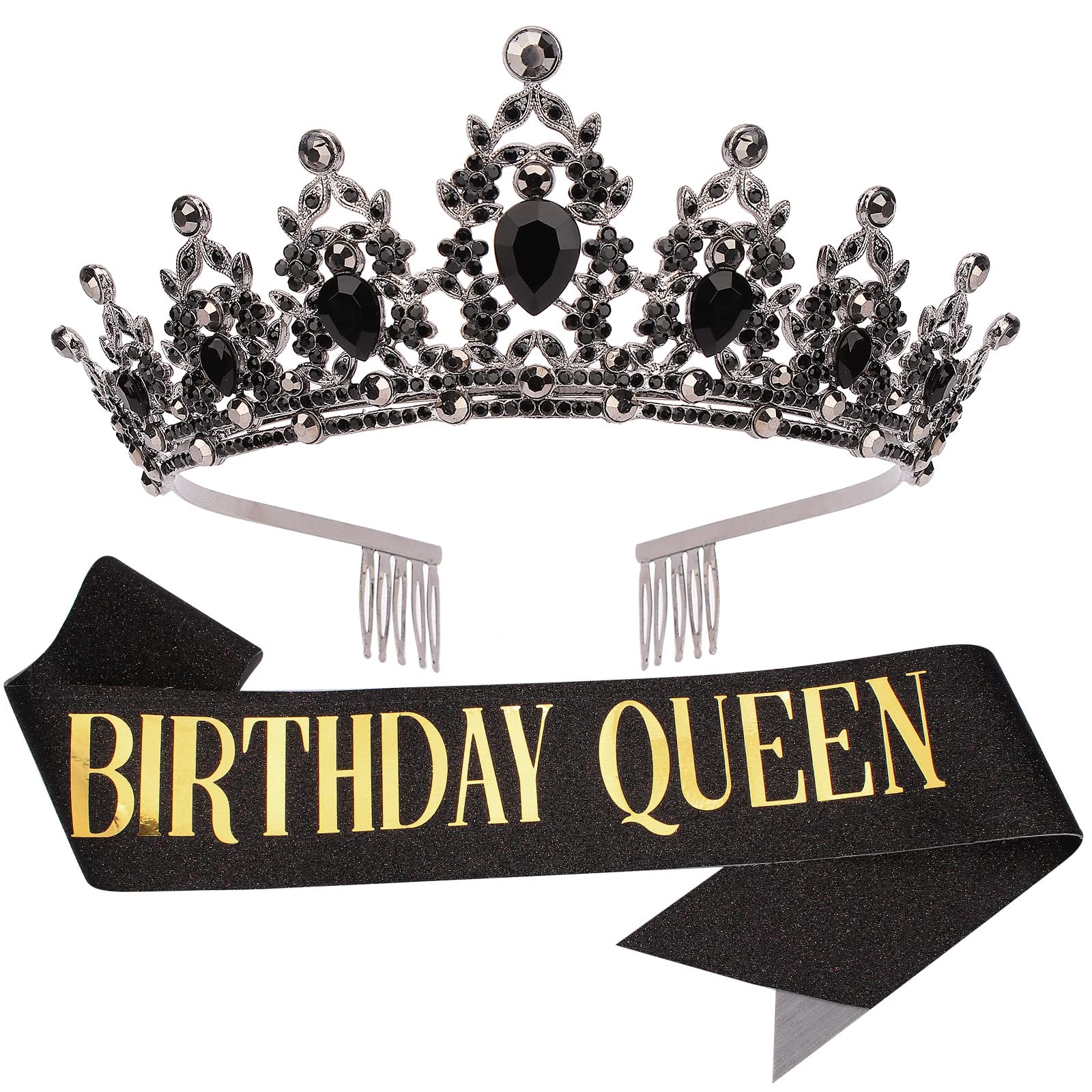 Birthday Queen Sash and Tiara for Women Crystal Tiara and Satin Kit for Girl Rhinestones Crown with Comb Glitter Hair Accessories for Prom Party Decoration Cake Topper Accessory Set with Pin (Black