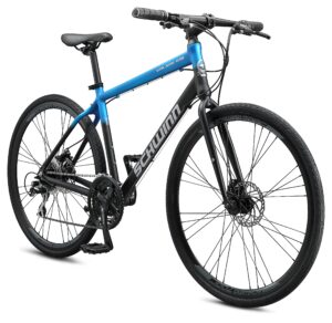 schwinn volare 1500 flat bar hybrid sports road bike, men and women, 24-speed, 700c wheels, 20-inch aluminum frame, mechanical disc brakes, blue/black