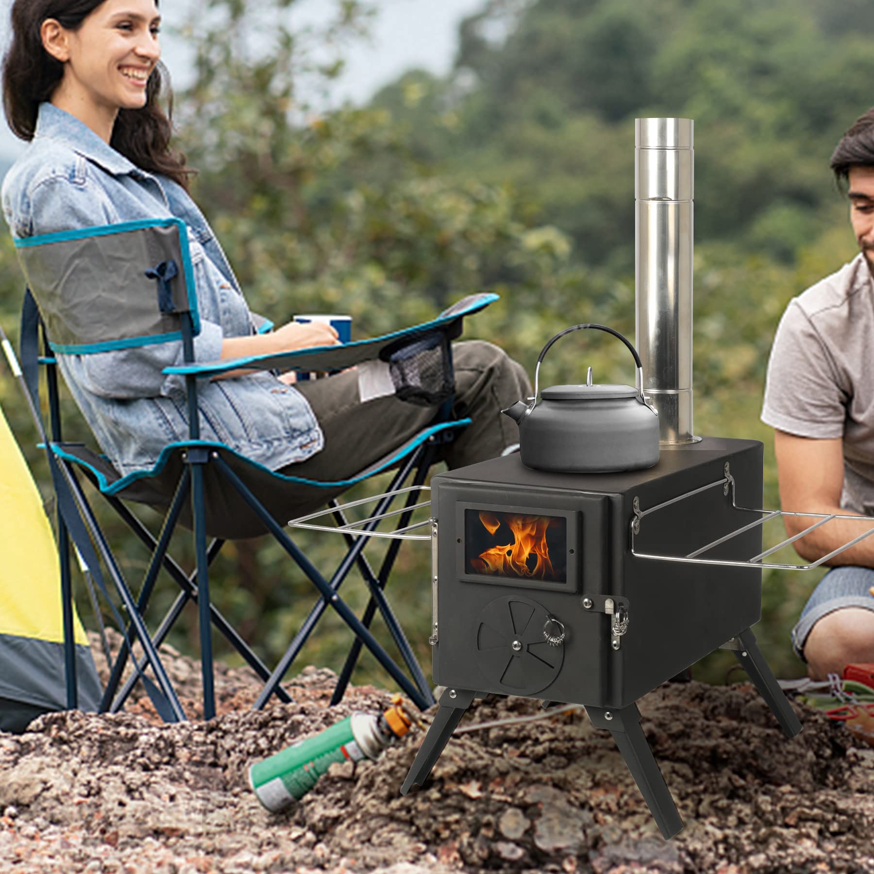 UNDUSLUY Outdoor Portable Wood Burning Stove, Heating Burner Stove for Tent,Camping, Ice-fishing, Cookout, Hiking, Travel, Includes Pipe Tent Stove+Tent Stove Jack