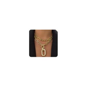 jumwrit layered necklaces chunky chain toggle necklaces statement choker necklaces punk lightweight carabiner necklace for women (gold)