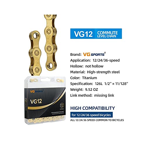 VG Sports 12 Speed Bike Chain,Bicycle Chain Suitable for Moutanin Bike Road Bike,1/2 x 11/128 Inch,126Links, Silver/Rainbow/Titanium