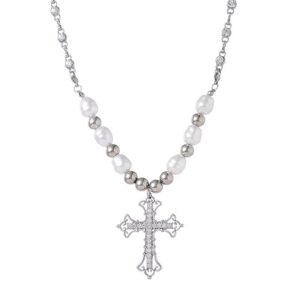 y2k pearl cross necklace coquette aesthetic baddie irregular pearl crystal cross chain necklace cool punk vintage jeweley for women