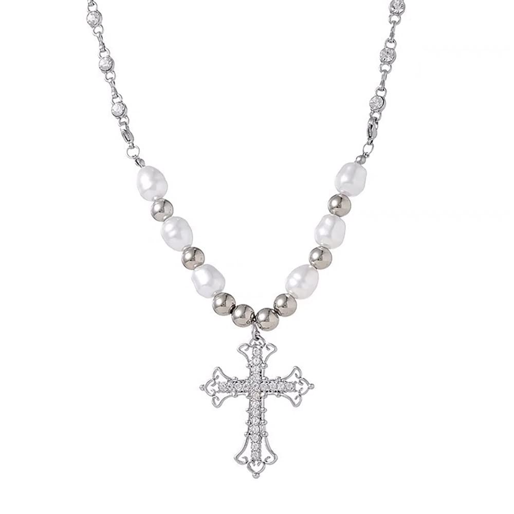 Y2k Pearl Cross Necklace Coquette Aesthetic Baddie Irregular Pearl Crystal Cross Chain Necklace Cool Punk Vintage Jeweley for Women