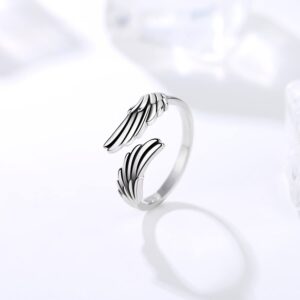 YLT 925 Sterling Silver Feather Angel Wings Ring Adjustable Dainty Wrap Open Thumb Rings for Women (6#7#8#9#, Oxidize)