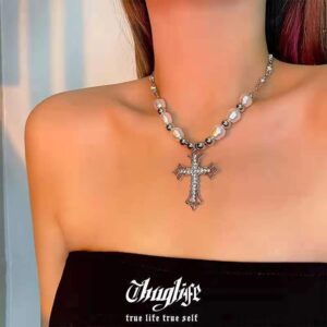 Y2k Pearl Cross Necklace Coquette Aesthetic Baddie Irregular Pearl Crystal Cross Chain Necklace Cool Punk Vintage Jeweley for Women