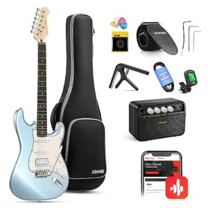 donner dst-152r electric guitar, 39" beginner electric guitar kit, hss pickup with coil split, guitar starter set with amp, bag, all accessories, metallic ice blue