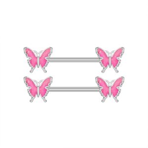 14g dainty butterfly nipple rings 316l stainless steel nipple barbell nippleshield piercing bar nipple straight barbells cute body piercing jewelry gifts for women girls bff wife (pink)