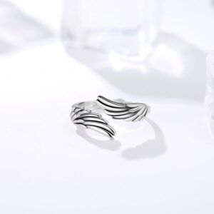 YLT 925 Sterling Silver Feather Angel Wings Ring Adjustable Dainty Wrap Open Thumb Rings for Women (6#7#8#9#, Oxidize)