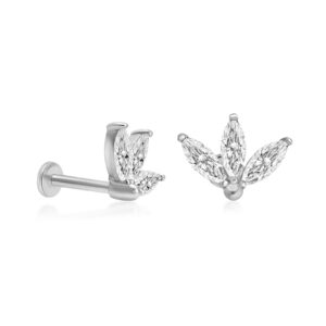 14k solid white gold cubic zirconia marquise lotus cartilage stud earring tragus helix cz crown stud internally threaded flat back earring for men women upper ear piercing jewelry gift single stud