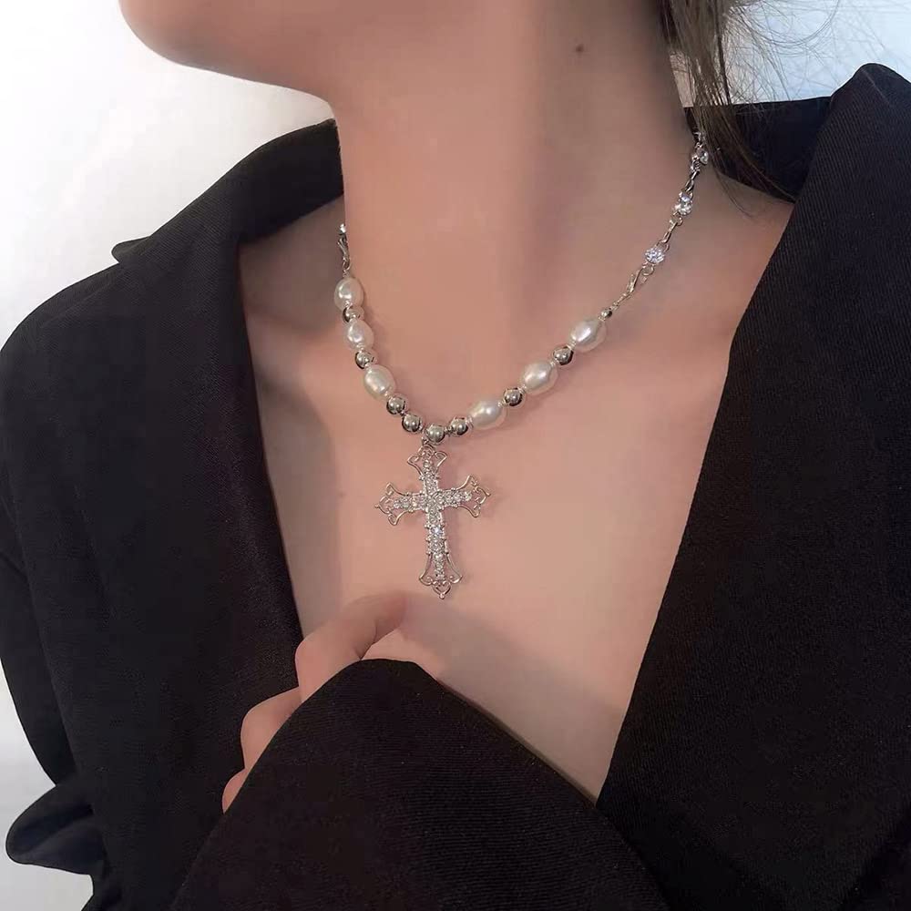 Y2k Pearl Cross Necklace Coquette Aesthetic Baddie Irregular Pearl Crystal Cross Chain Necklace Cool Punk Vintage Jeweley for Women