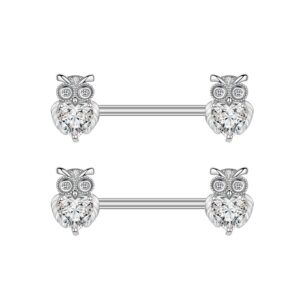 14g dainty owl nipple rings for women stainless steel fake diamond crystal rhinestone nipple piercing nipple straight barbells tongue rings sexy body piercing jewelry gifts for birthday bff