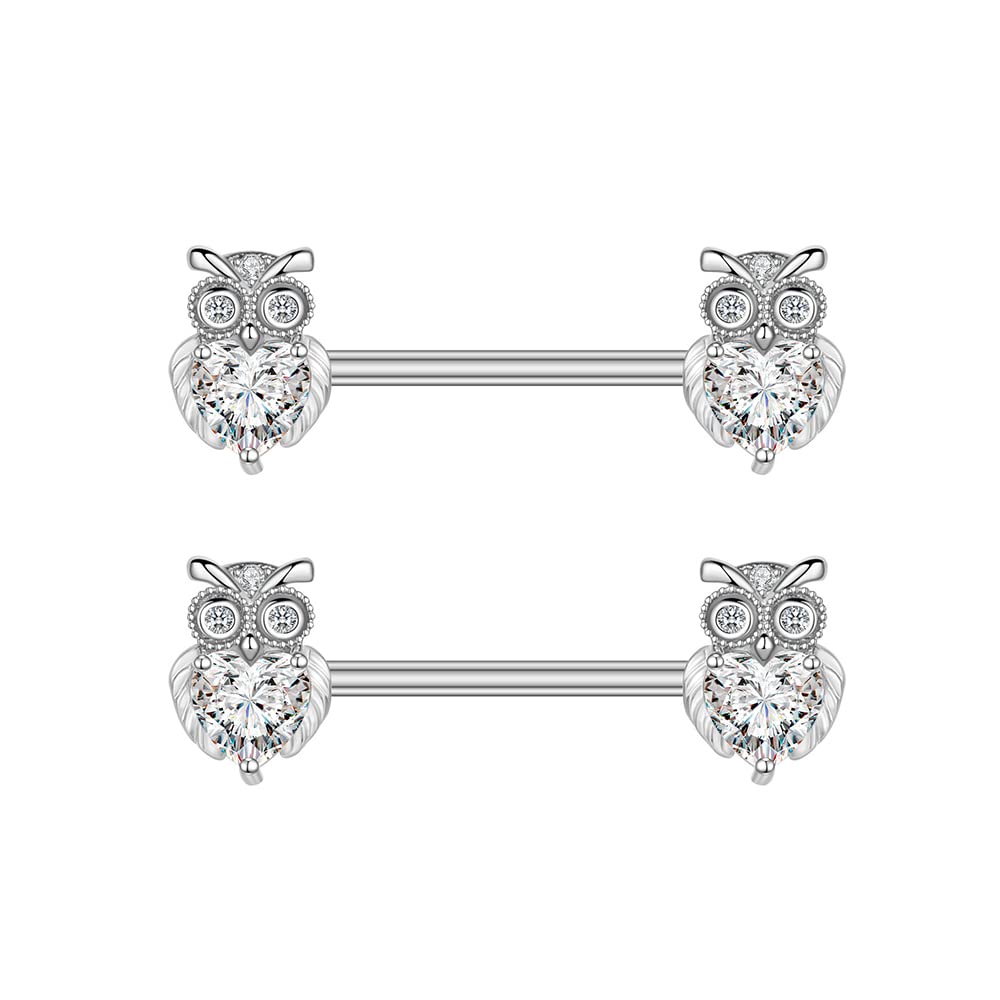 14G Dainty Owl Nipple Rings for Women Stainless Steel Fake Diamond Crystal Rhinestone Nipple Piercing Nipple Straight Barbells Tongue Rings Sexy Body Piercing Jewelry Gifts for Birthday BFF