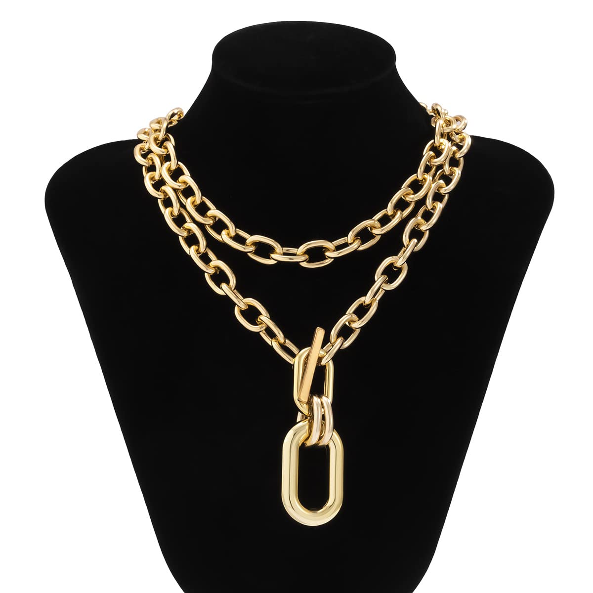 Jumwrit Layered Necklaces Chunky Chain Toggle Necklaces Statement Choker Necklaces Punk Lightweight Carabiner necklace for Women (Gold)