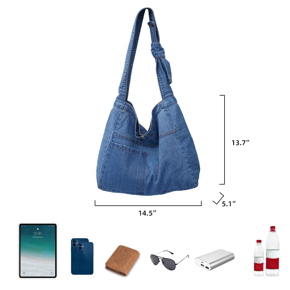 Yohora Denim Shoulder Purse for Women Hobo Large Tote Handbag Casual Retro Jean Shoulder Purse for Work Daily Use