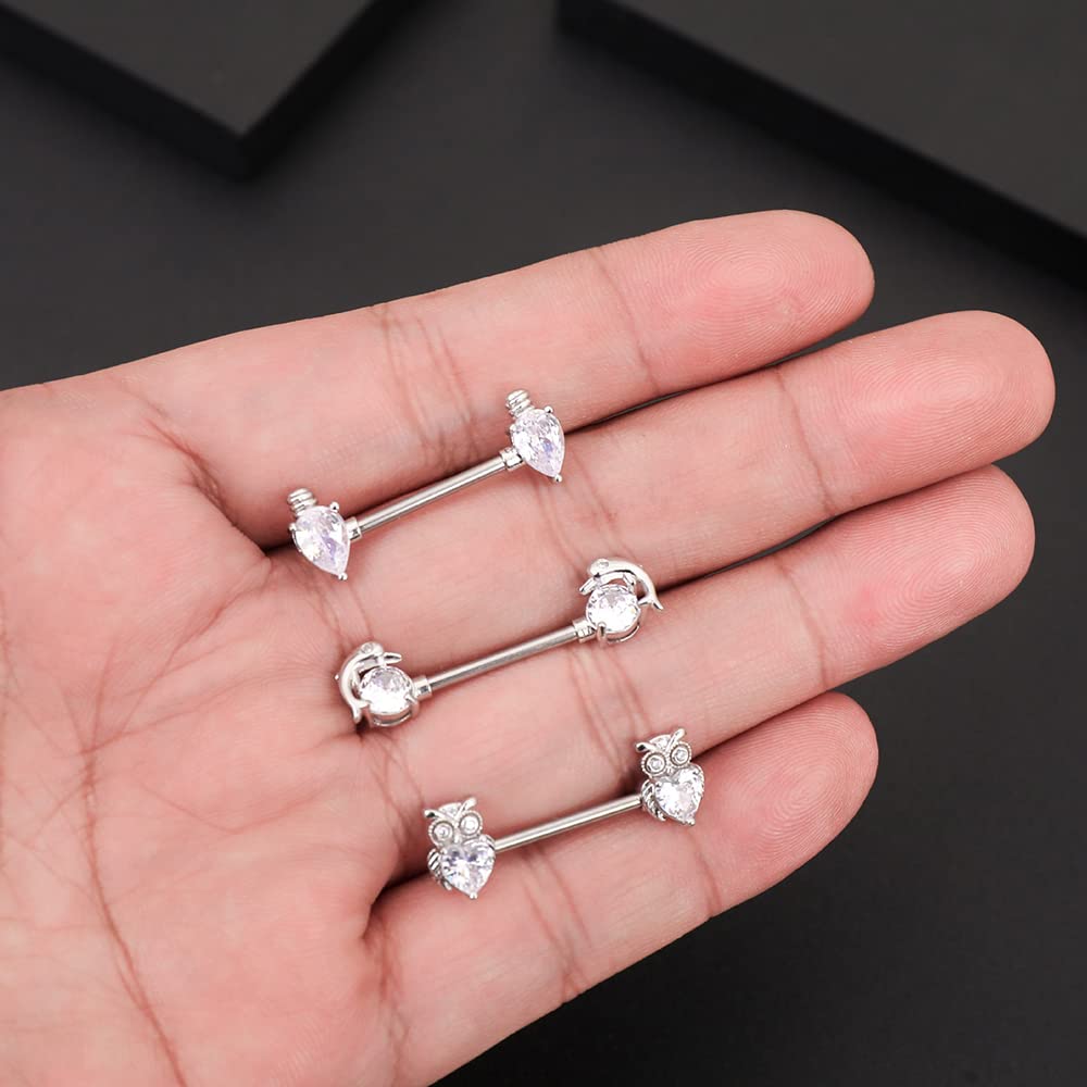 14G Dainty Owl Nipple Rings for Women Stainless Steel Fake Diamond Crystal Rhinestone Nipple Piercing Nipple Straight Barbells Tongue Rings Sexy Body Piercing Jewelry Gifts for Birthday BFF