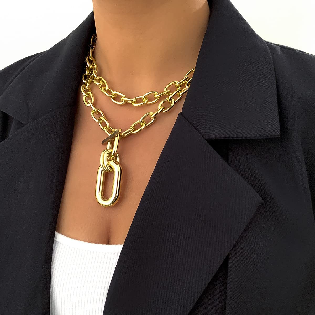 Jumwrit Layered Necklaces Chunky Chain Toggle Necklaces Statement Choker Necklaces Punk Lightweight Carabiner necklace for Women (Gold)