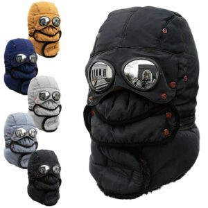 linping winter thermal trapper hat with glasses winter cycling windproof ski mask cap (black)