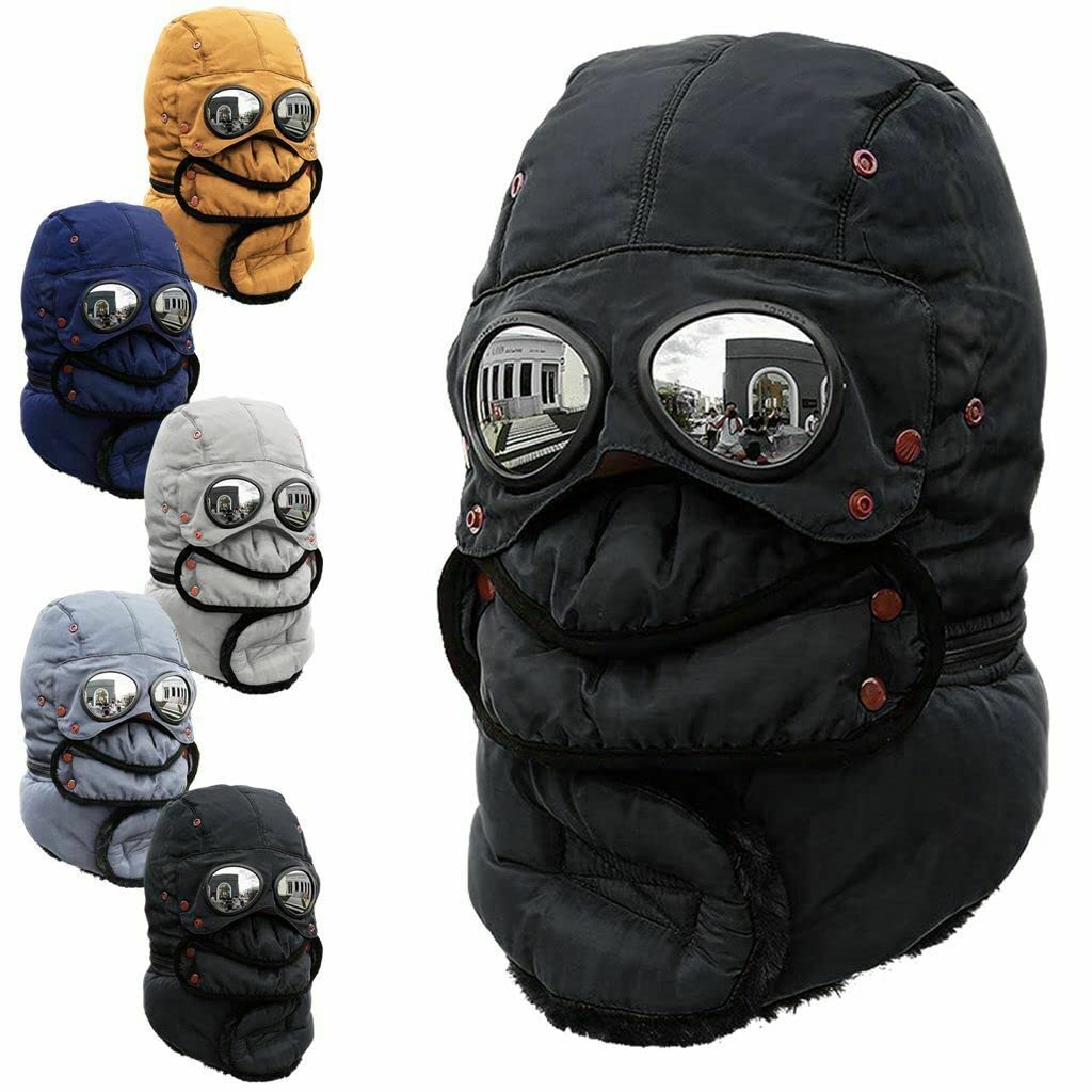 LINPING Winter Thermal Trapper Hat with Glasses Winter Cycling Windproof Ski Mask Cap (Black)