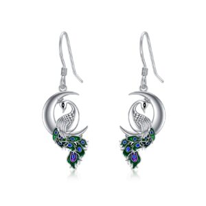 peacock moon dangle earrings 925 sterling silver crescent half moon peafowl drop dangling earrings jewelry gifts for women