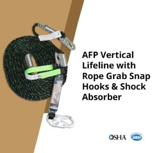 AFP 25 FT Vertical Lifeline Assembly w/Rope Grab Snap Hooks & Shock Absorber, ANSI & OSHA Rated Fall Protection Roofing Safety Equipment