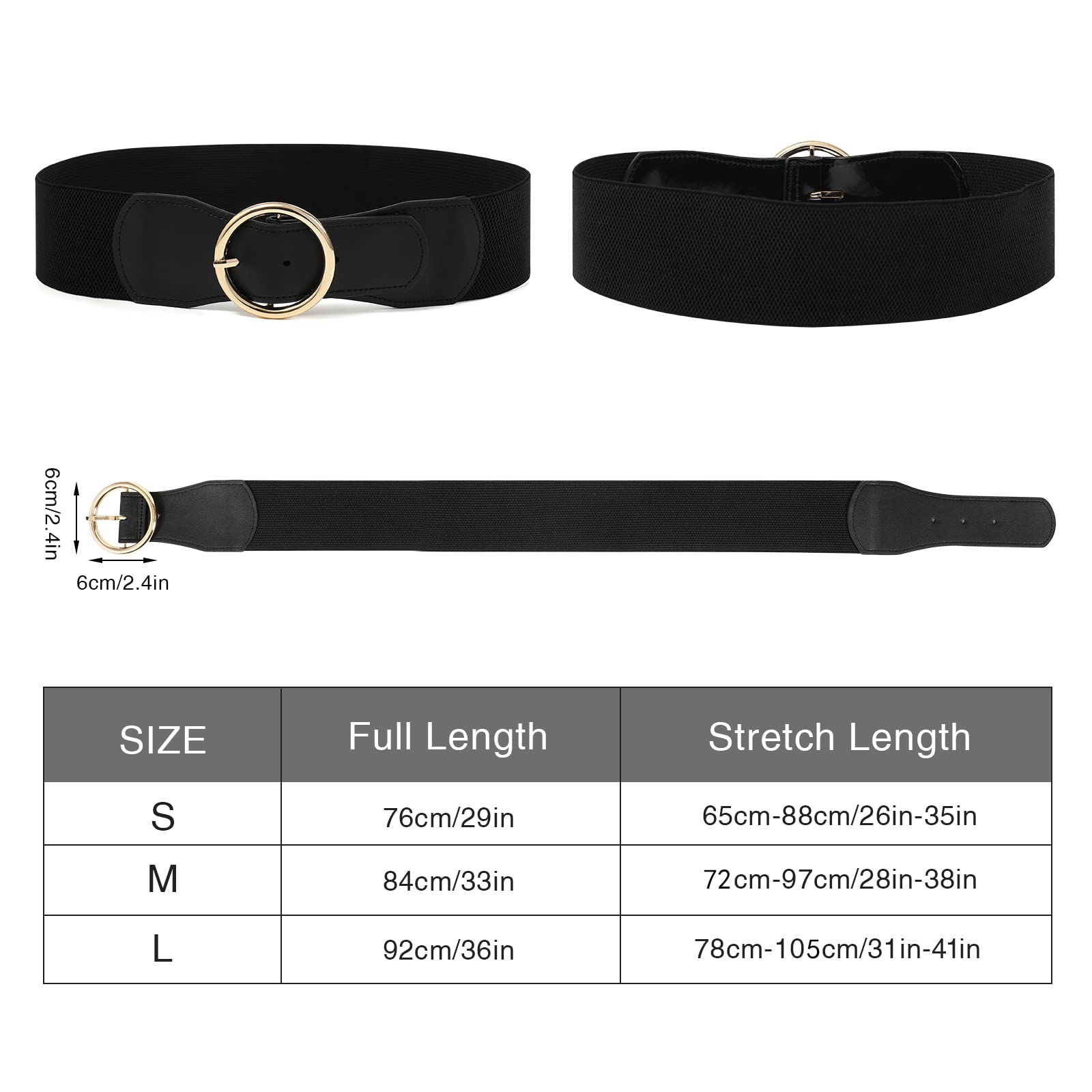 Kajeer 2 Pack Stretch Belt for Women, Vintage 2.4 inch Chunky Buckle Wide Belts for Ladies Dress (White Matte+Black Matte, Small)