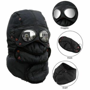 LINPING Winter Thermal Trapper Hat with Glasses Winter Cycling Windproof Ski Mask Cap (Black)