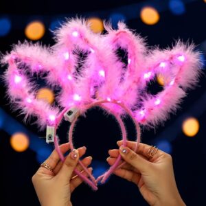 werhonton light up headbands led bunny ears headband easter christmas halloween hair accessories for women and girls(2pcs) (pink/pink)