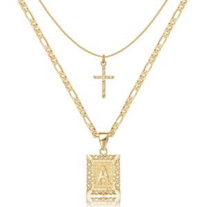 keloris path gold layered initial cross necklace, 14k gold plated layering square letter pendant figaro chain cross choker from a-z capital jewelry for women(letter a)