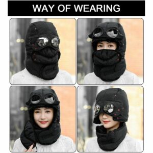 LINPING Winter Thermal Trapper Hat with Glasses Winter Cycling Windproof Ski Mask Cap (Black)