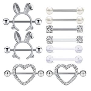 tianci fbyjs 5-7 pairs stainless steel nipple rings tongue ring piercing body jewelry barbell cz heart shape rings for women(set3)