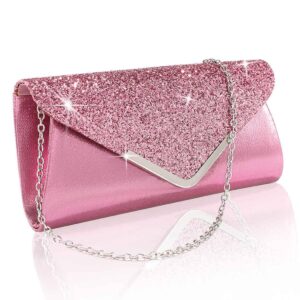 yokawe women clutch purse evening bag sparkling sequin envelope handbag for wedding party prom formal (pink)