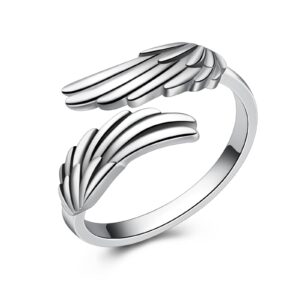 ylt 925 sterling silver feather angel wings ring adjustable dainty wrap open thumb rings for women (6#7#8#9#, oxidize)