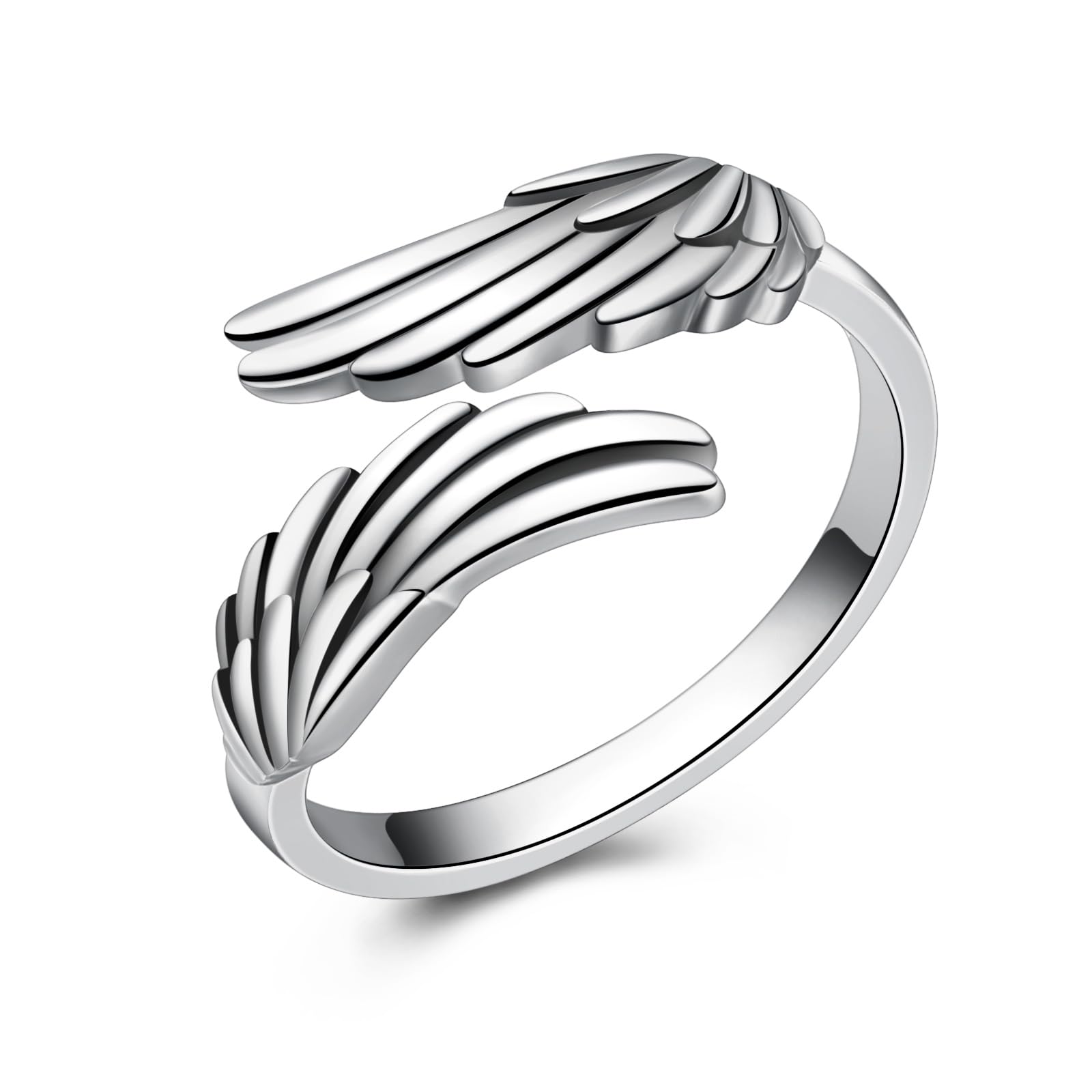 YLT 925 Sterling Silver Feather Angel Wings Ring Adjustable Dainty Wrap Open Thumb Rings for Women (6#7#8#9#, Oxidize)