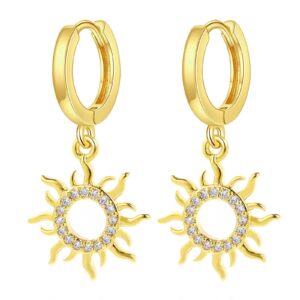 qxsatuv sun earrings gold dangle huggie hoop earrings with sun charm for women girls, 14k real gold plated hypoallergenic statement hinged hoop earrings with cz drop, trendy dainty nap earrings