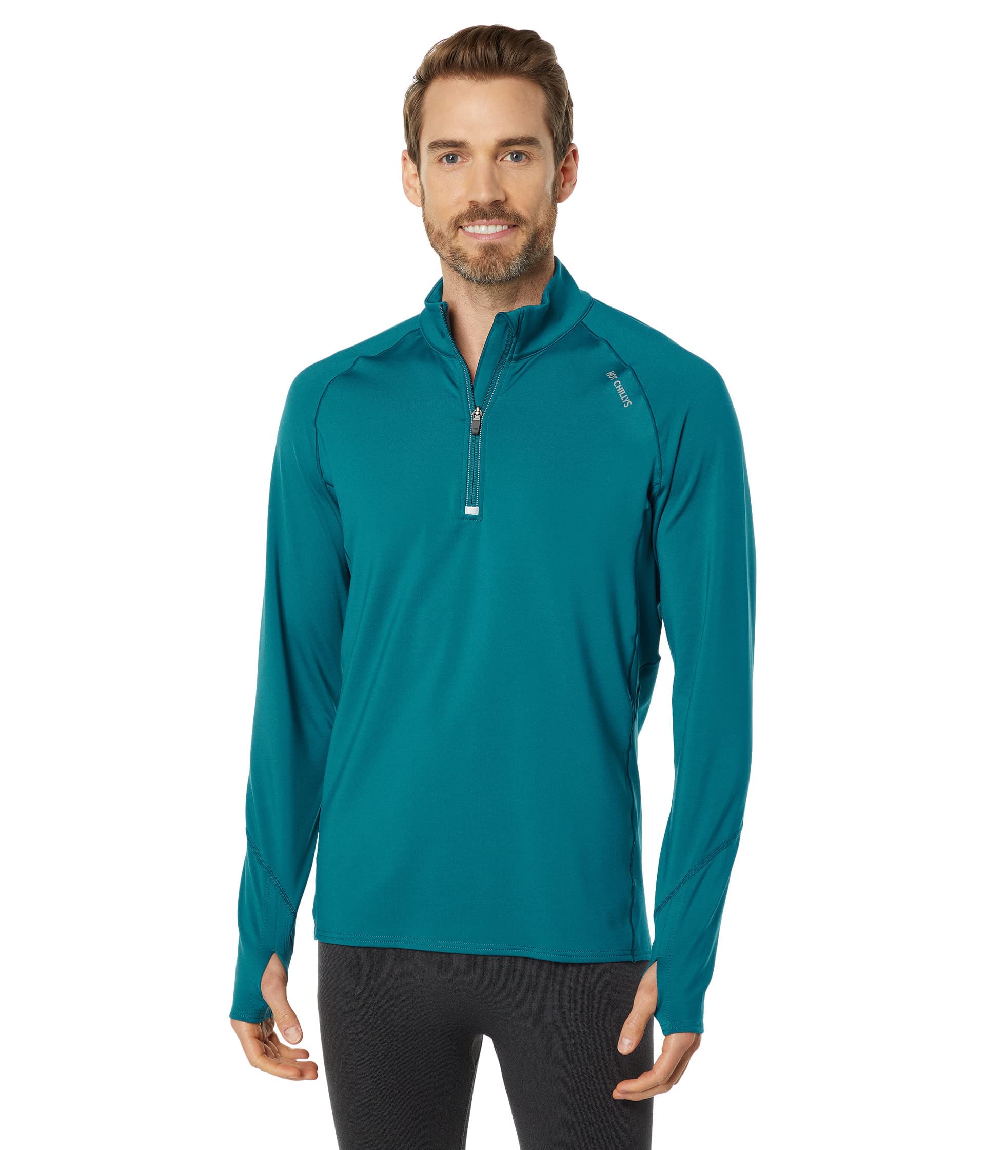 Hot Chillys Men's Micro Elite Chamois Zone Zip-T Midweight Body Fit Base Layer - Cross Country Blue, Large