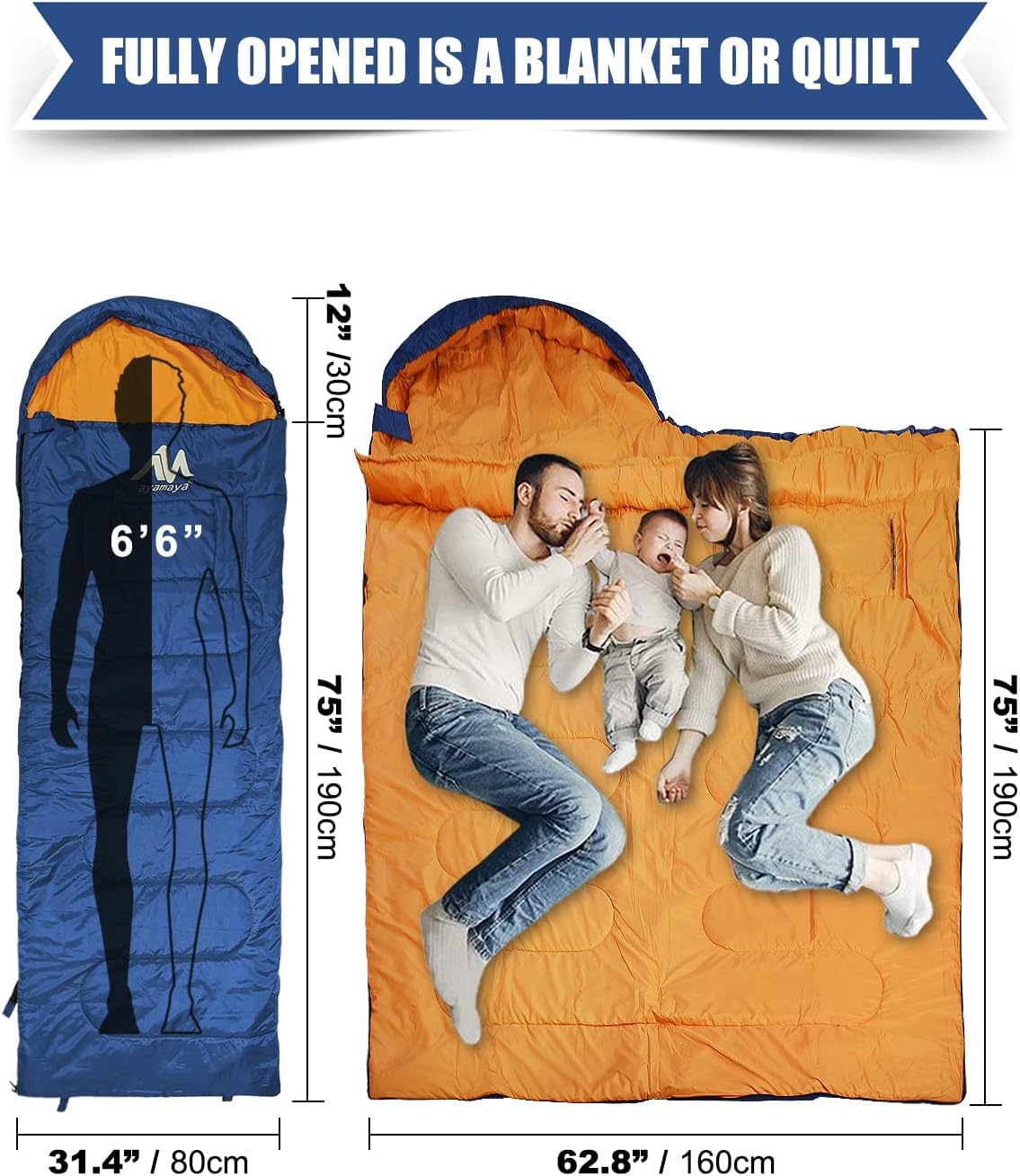 Sleeping Bags for Adults, AYAMAYA Backpacking Sleeping Bag Lightweight Compact Wearable Sleeping Bags with Arm Holes,2 Double Person Camping Gear for Cold Weather Hiking Family 3 Season