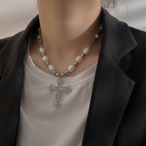 Y2k Pearl Cross Necklace Coquette Aesthetic Baddie Irregular Pearl Crystal Cross Chain Necklace Cool Punk Vintage Jeweley for Women