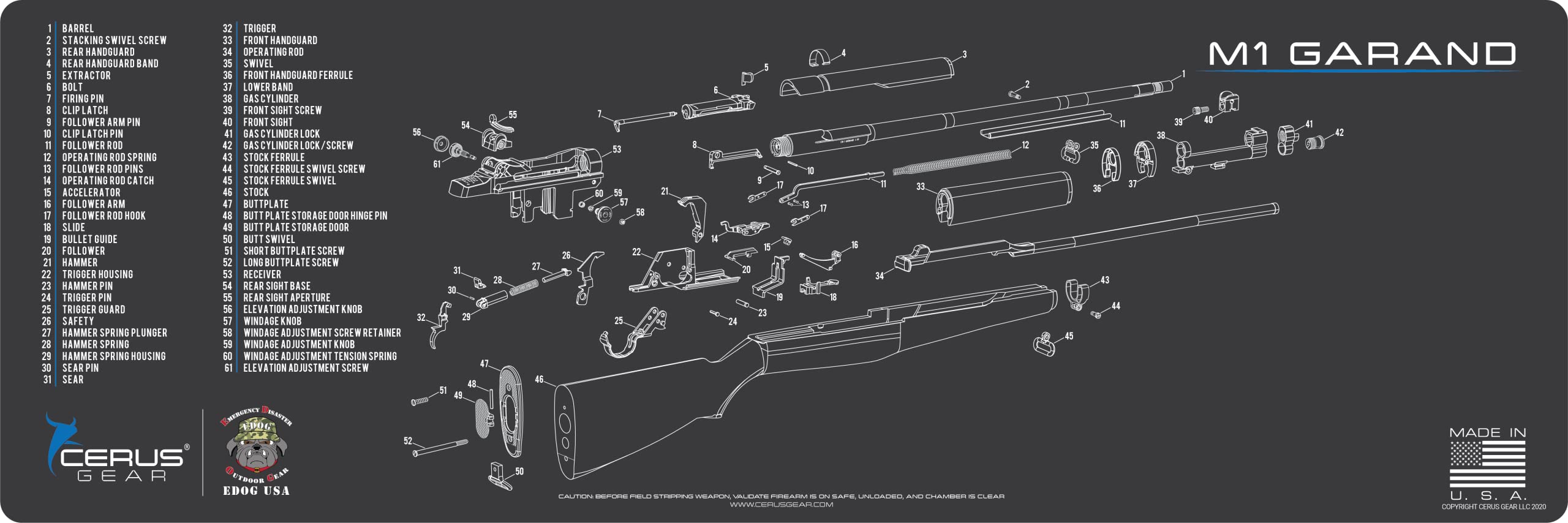 M1 Garand Gun Cleaning Mat - Schematic (Exploded View) Diagram Series Rifle 3 mm Padded Pad Protects Your Firearm Magazines Bench Table Surfaces Oil Solvent Resistant, BLACK