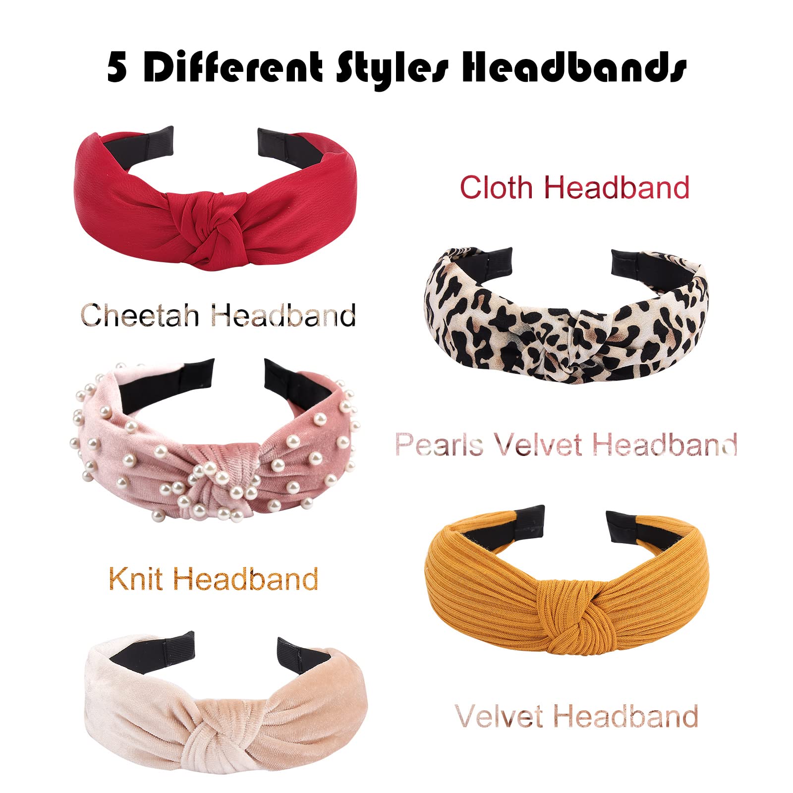 Ondder Velvet and Cheetah Cloth Knotted Turban Headbands for Women - 10 Pack Pearls, Wide Hair Accessories, and Head Bands