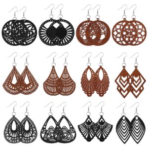 yolev 12 pairs african wooden dangle earrings lightweight drop earrings bohemian pendant dangle earrings lightweight ethnic style wood earrings for women